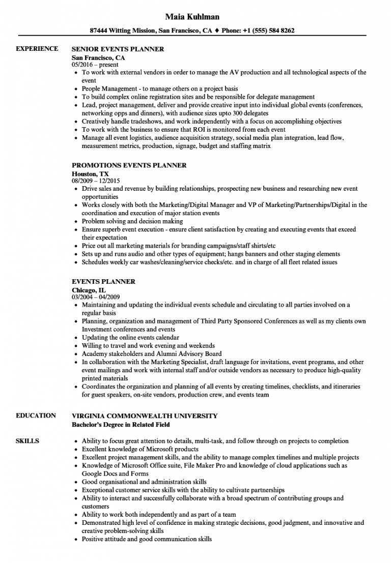 Event Planner Resume - wikiresume.com