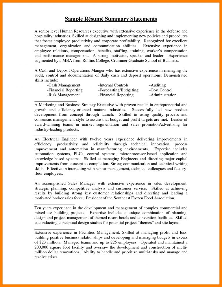 Resume Summary Statement Examples Of Profit And Loss Statements And ...