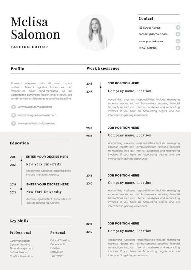 Resume Template For Word One Page Resume Template With Photo For Word ...