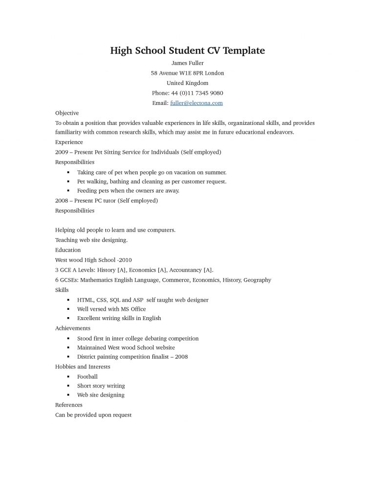 Student Resume Template Free Resume Template For High School Student ...